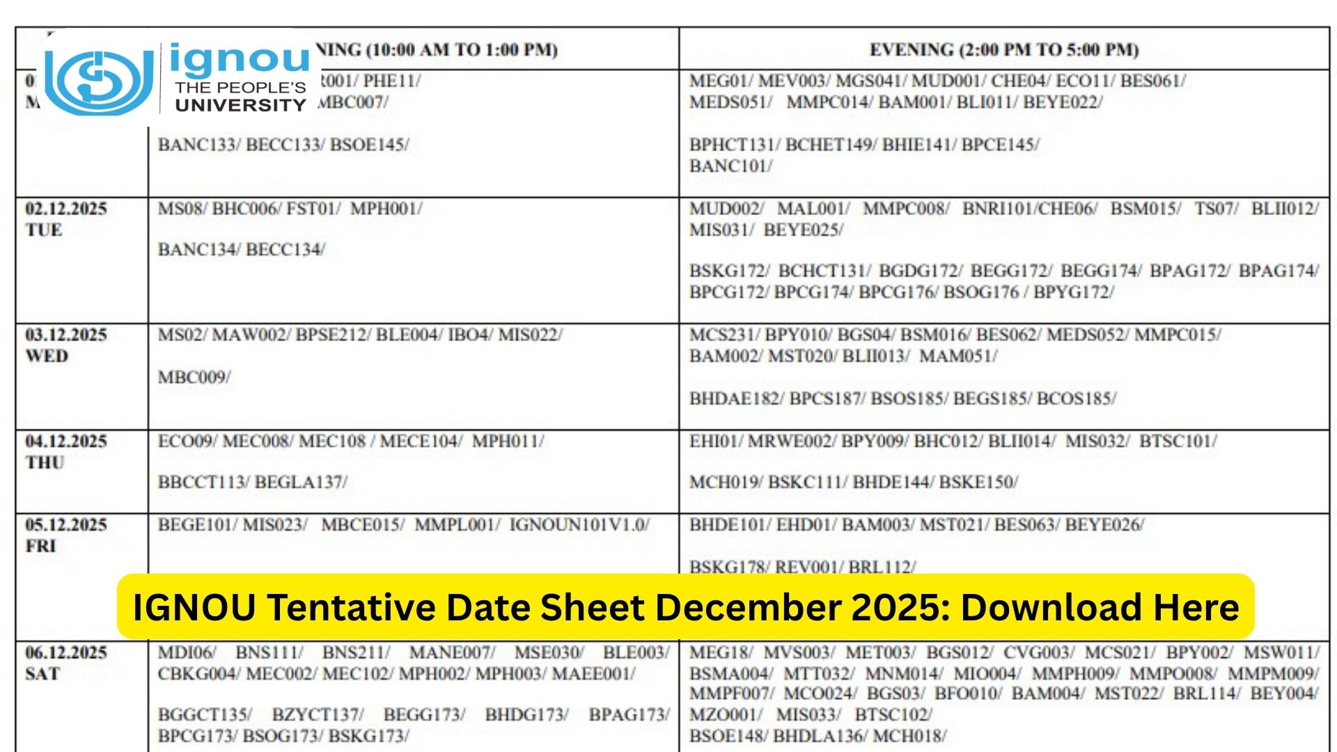 IGNOU Tentative Date Sheet December 2025 – Complete Details